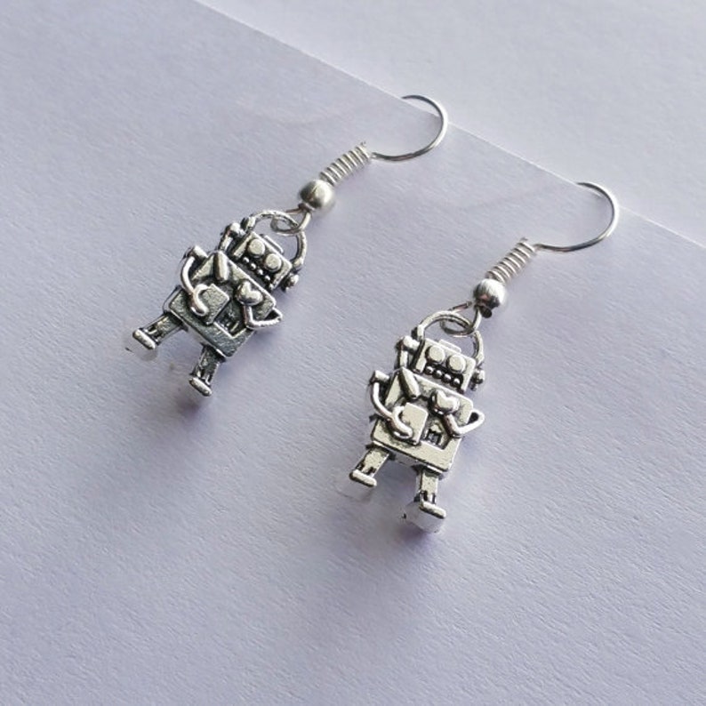 Robot Dangle Earrings, Heart Robot Earrings, Silver Robot Earrings, Sci ...