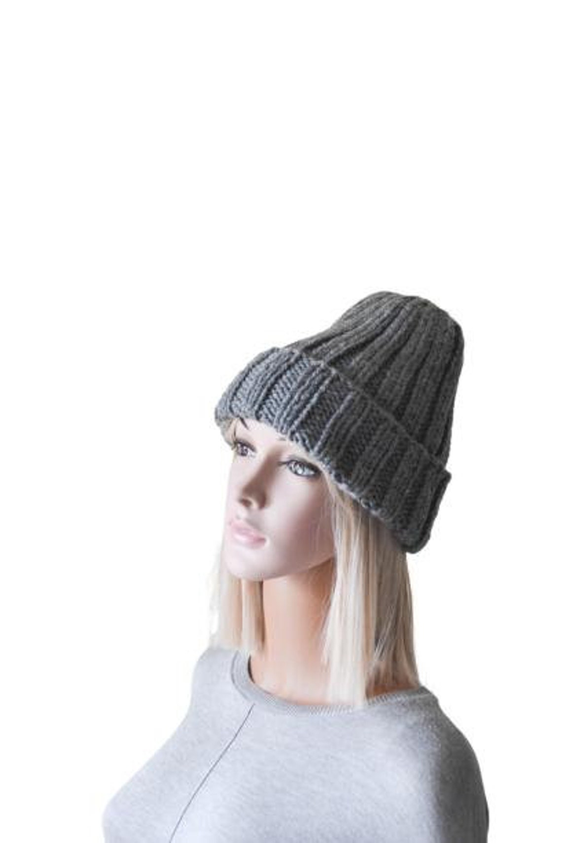 Chunky Knit Cuffed Winter Hat Women Double Brim Hat Grey - Etsy