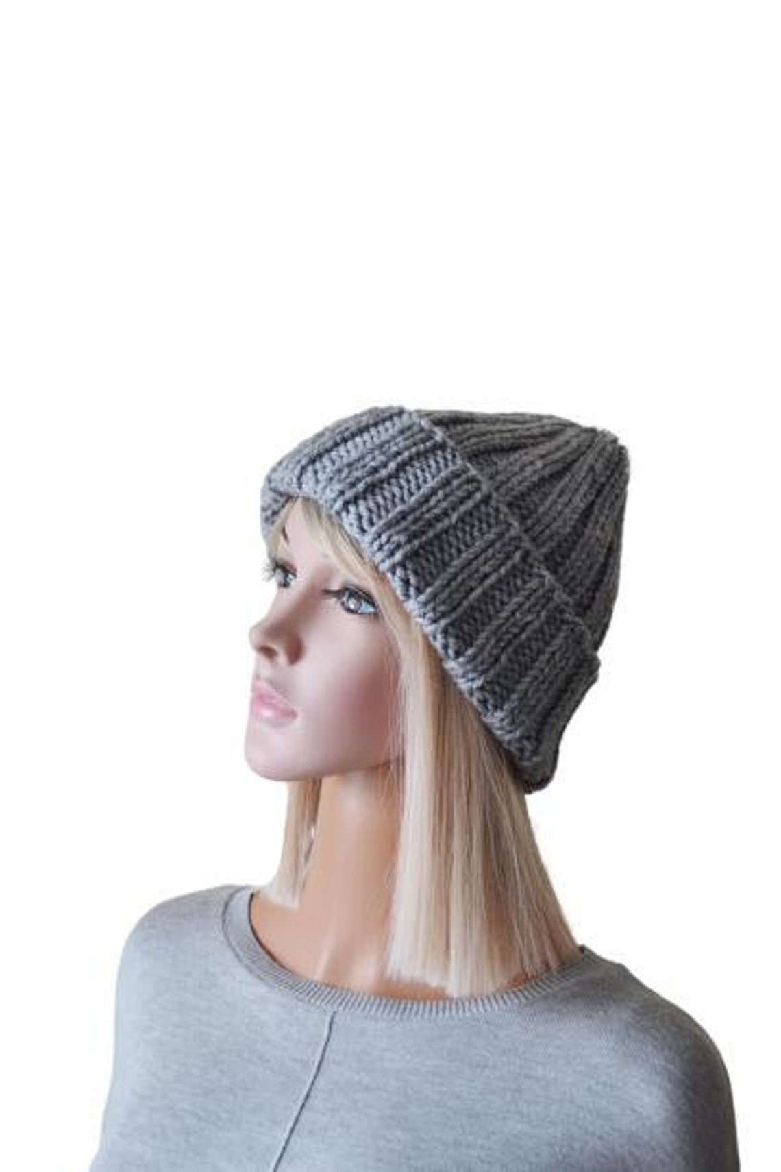 Chunky Knit Cuffed Winter Hat Women Double Brim Hat Grey - Etsy