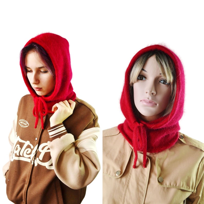 Red Knit Balaclava Hooded Cowl Mohair Hooded Scarf Warm Head Scarf Hood ...