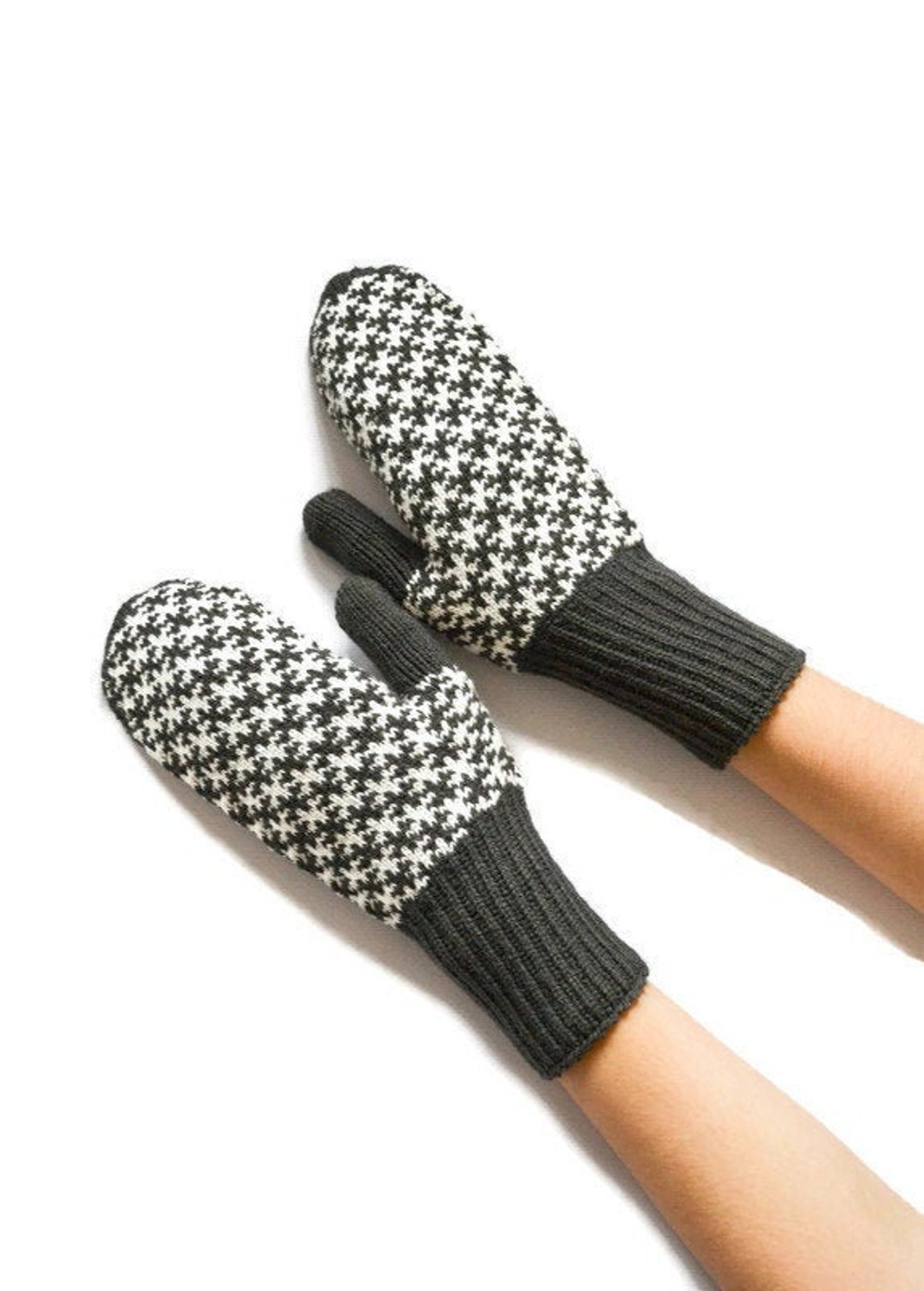Knit Mittens for Woman Dark Grey White Mittens Winter Mittens - Etsy