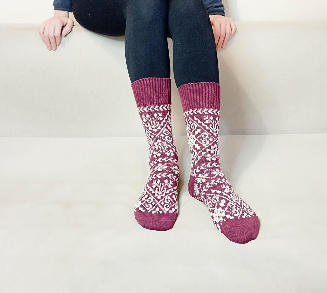 Red Patterned Socks for Women Fair Isle Docks Mothers Day Gift Wool ...