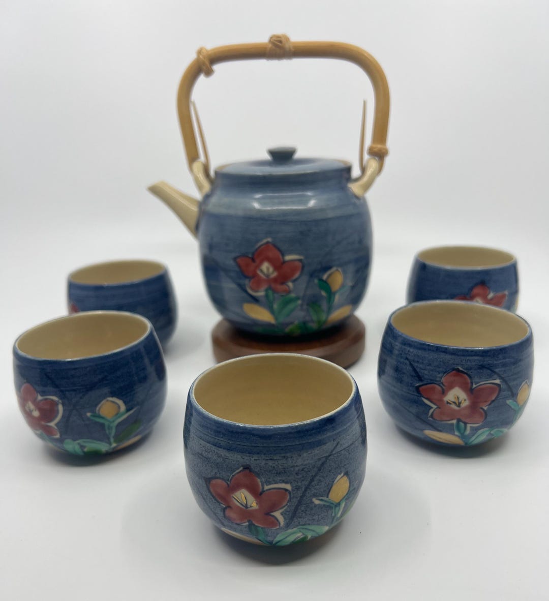 Vintage Japanese Ceramic Tea Set – Blue Floral Teapot With Bamboo ...