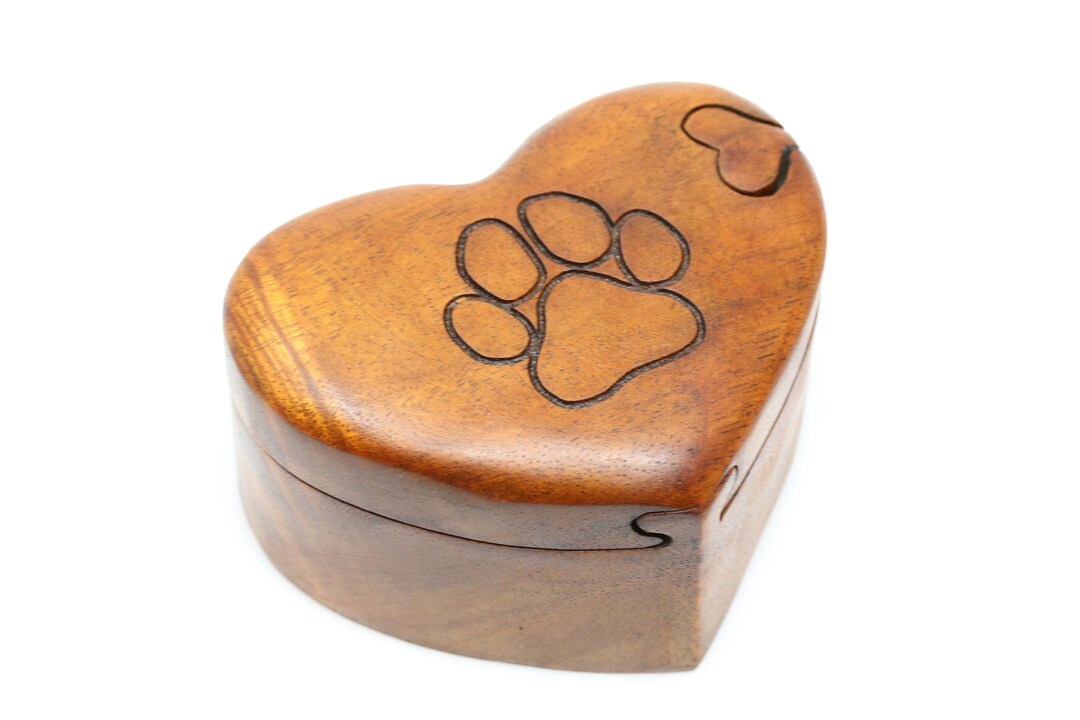 Paw Print Heart Secret Box Puzzle Box Heart Shape Hand Carved Wood ...