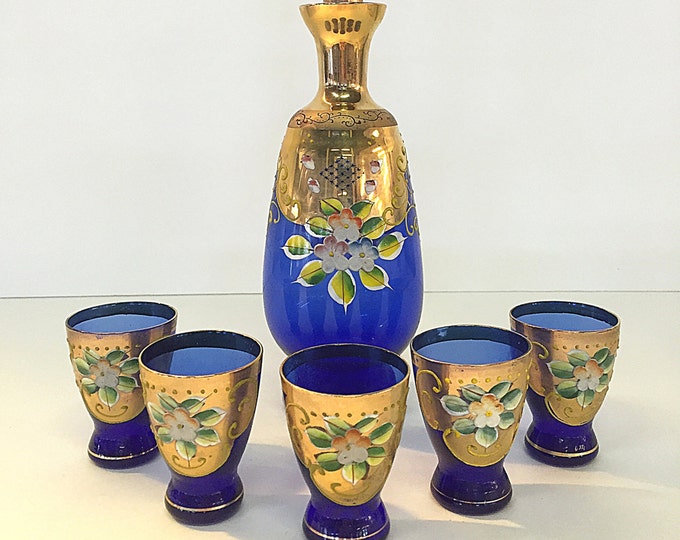 Cordial Liqueur Decanter Five Cups Set Made in Japan Bohemian Czech ...
