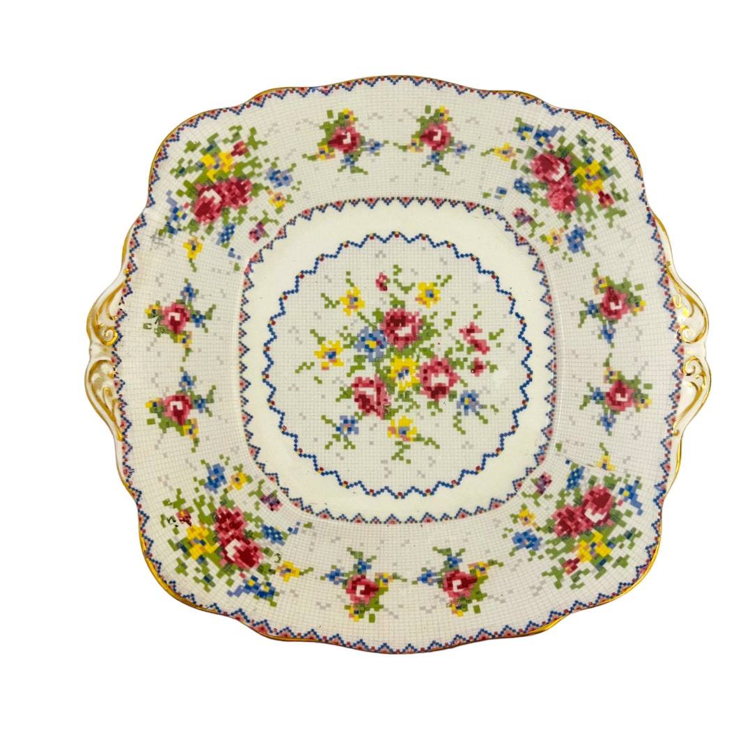 Royal Albert Petit Point China Handled Cake Plate Gingham Chintz Floral ...