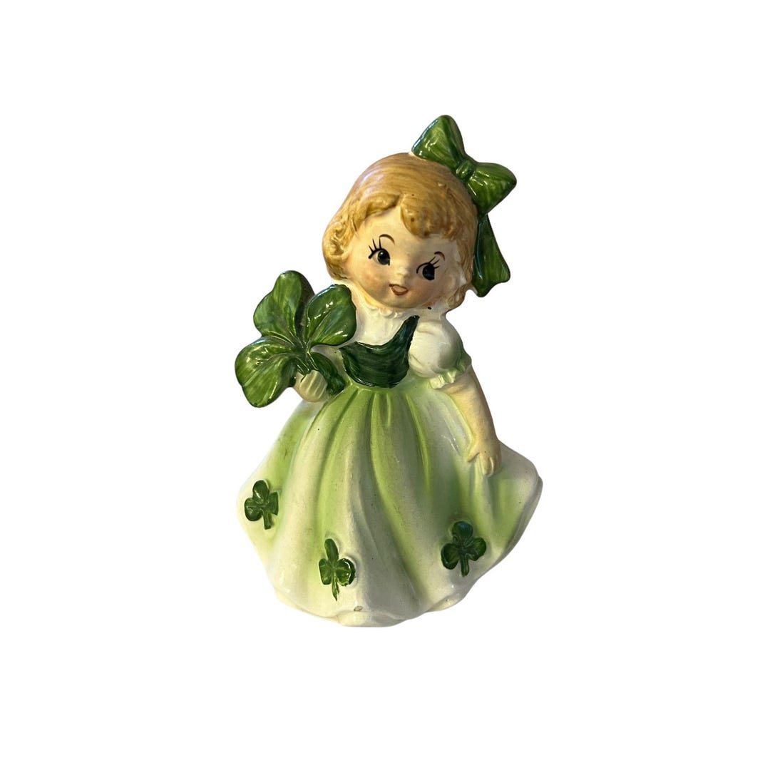 Lefton Irish Lass Ceramic Girl Figurine With Shamrock Clover Bow Design ...