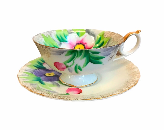 Taico Japan Fine China Tea Cup Saucer Set Pink Violet Flowers Floral ...