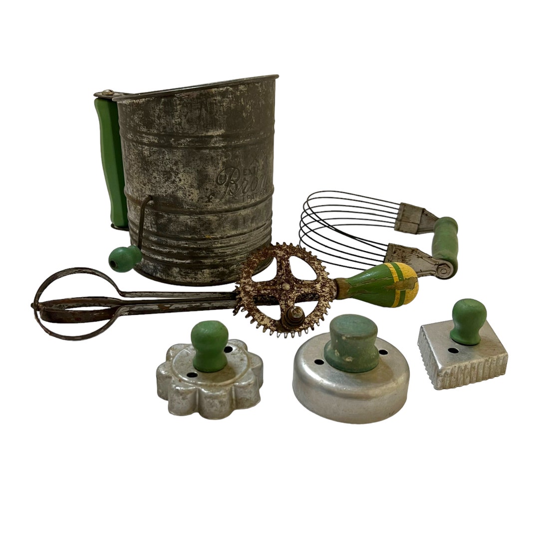 Vintage Baking Utensils Flour Sifter Egg Beater Pastry Blender Cookie Cutters Rustic Primitive ...