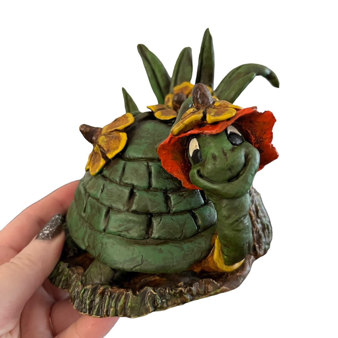 Smiling Papier Mâché Turtle in a Hat Sculpture With Flowers and Grass ...