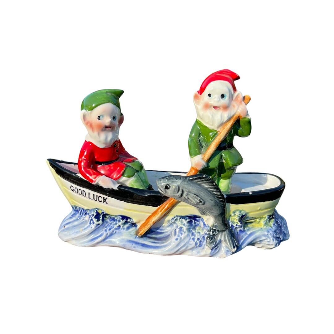 Good Luck Ceramic Gnomes in a Boat Figurine Pixies Elves Leprechuans - Etsy