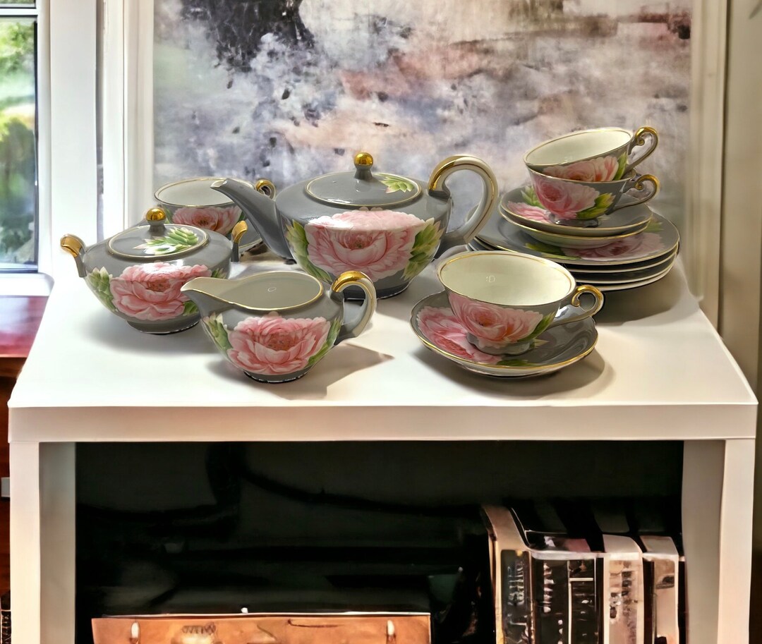 Gray and Pink Peonies Occupied Japan Tea Set and Dessert Service Tea ...