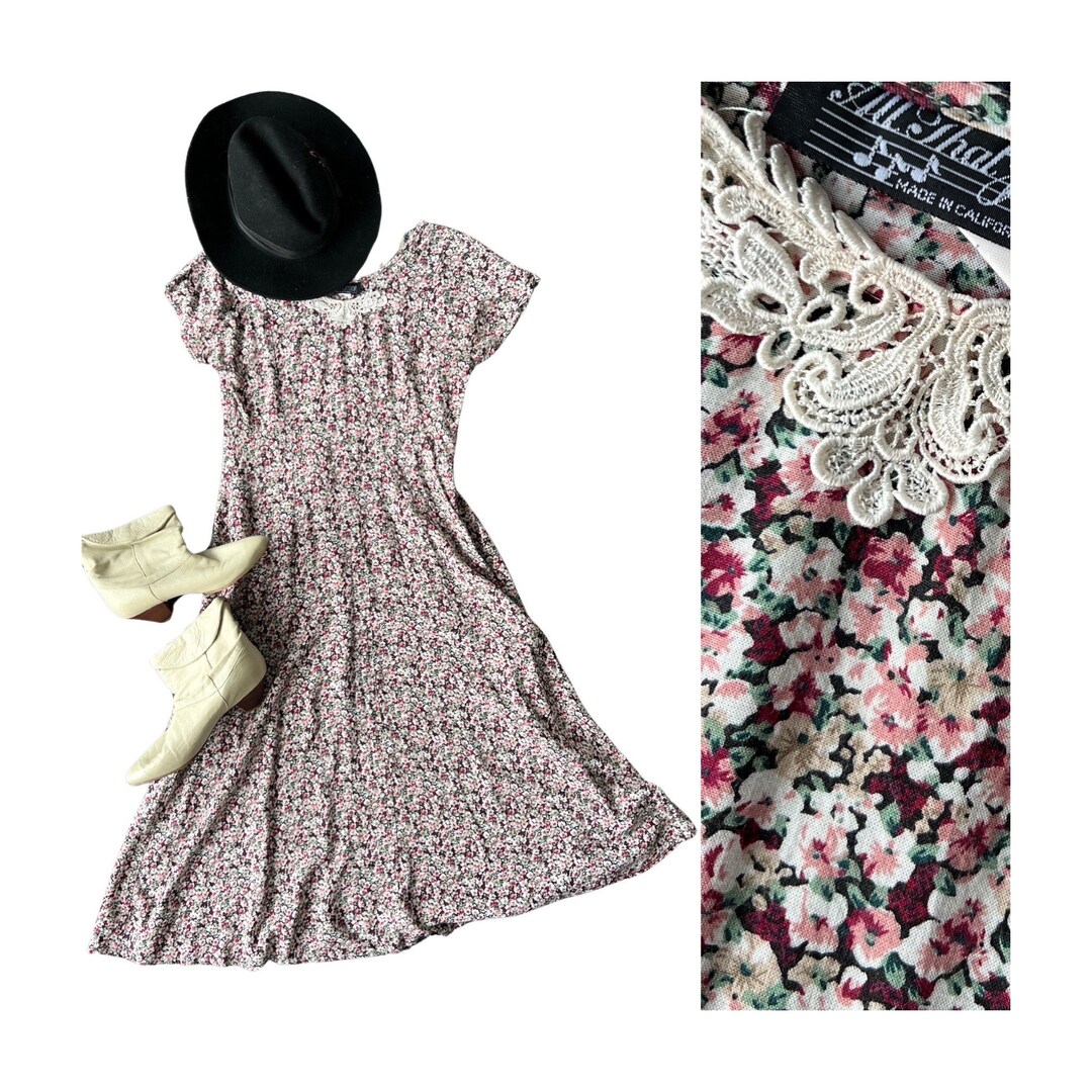 80s Ditzy Floral Midi Dress With Lace Detail (M) - Vintage Grunge ...