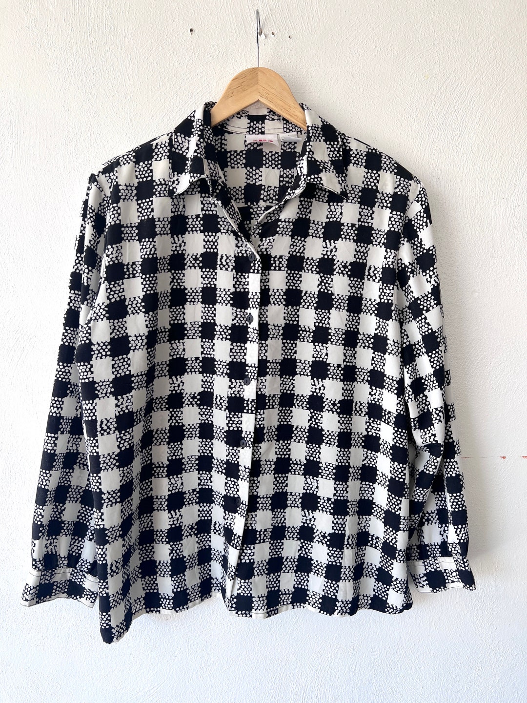Vintage Black and White Checkered Blouse Vintage Silky Blouse Check ...