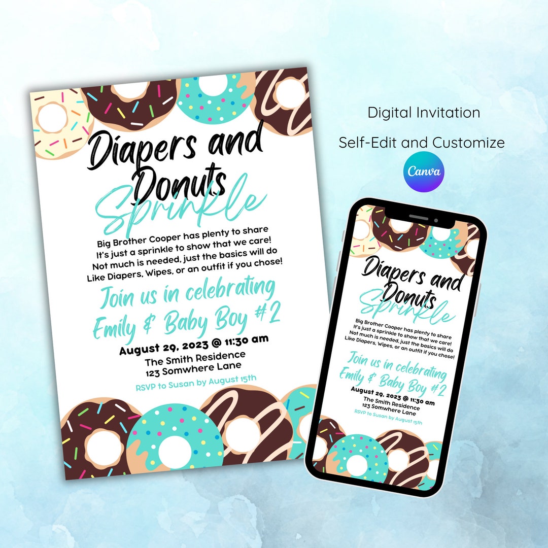 Diapers and Donuts Sprinkle Invitation | Editable Template | Canva ...