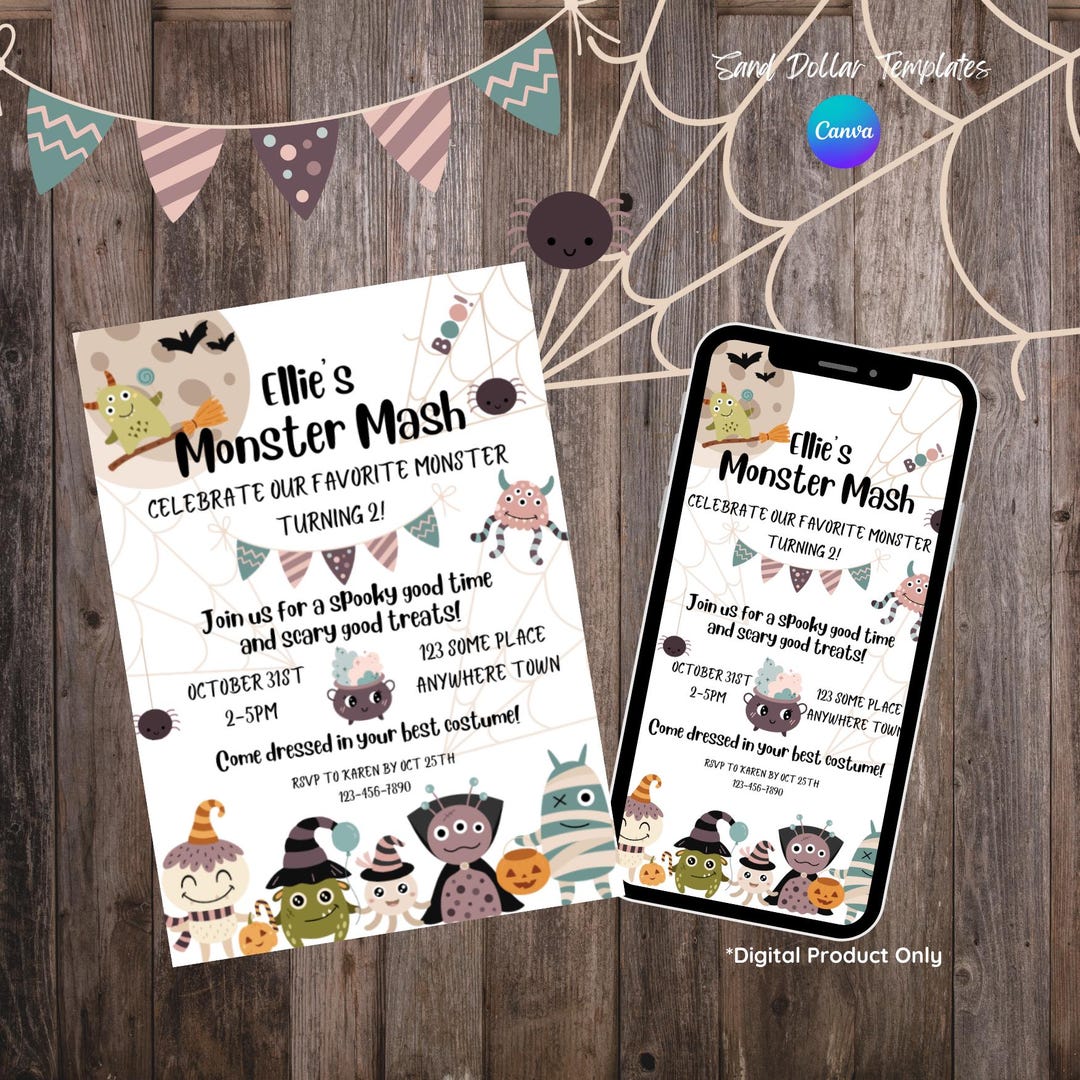 Monster Mash Birthday Party Invite Template | Self Edit in Canva | Any ...