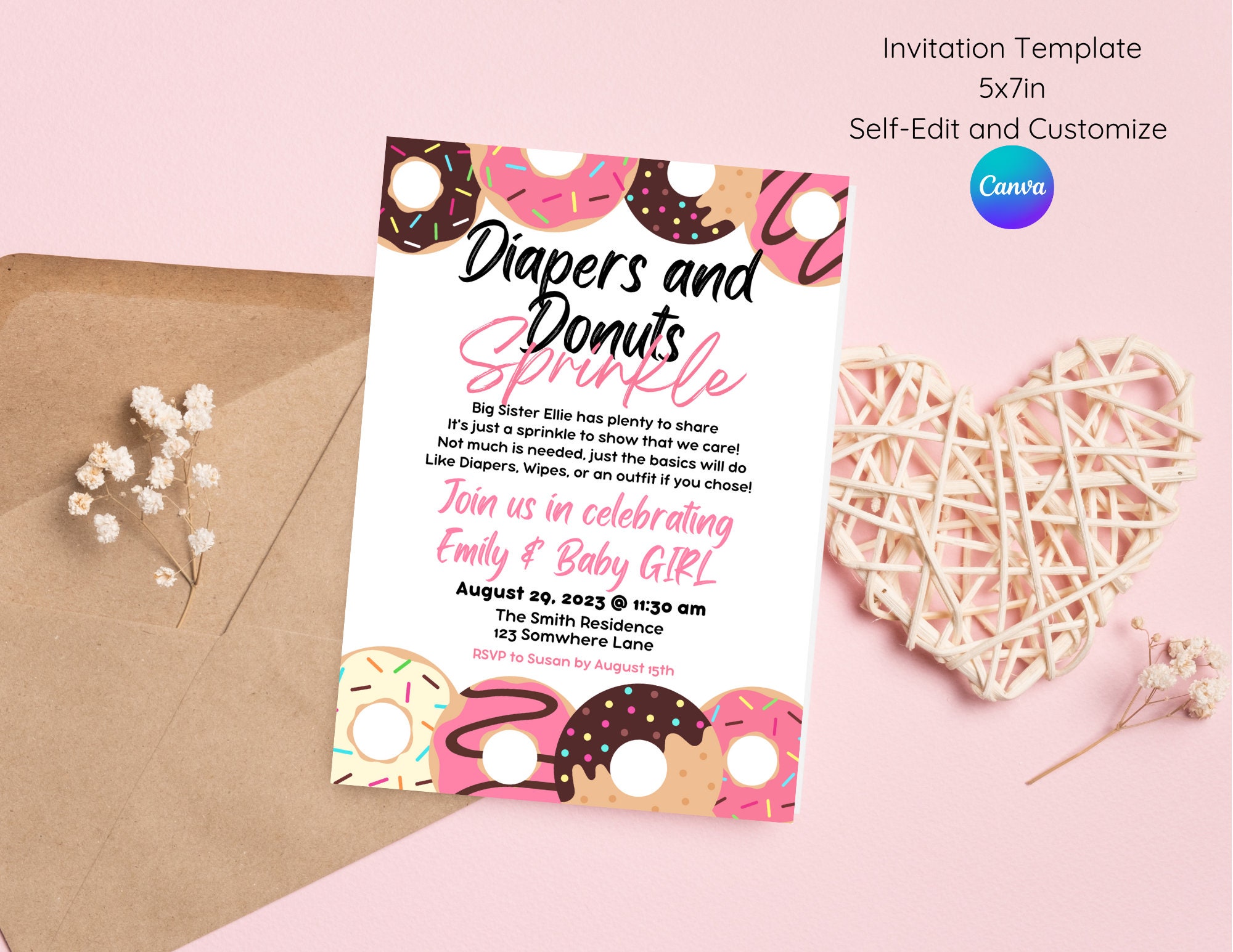 Diapers and Donuts Sprinkle Invitation Editable Template - Etsy