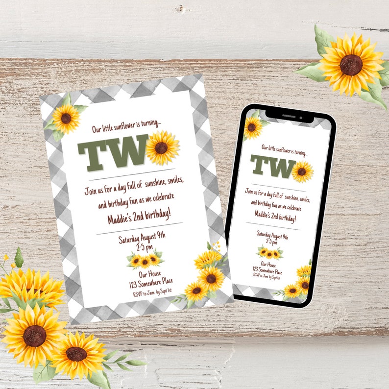 Our Sunflower is Turning TWO Invite Template Self Edit in Canva 2nd ...
