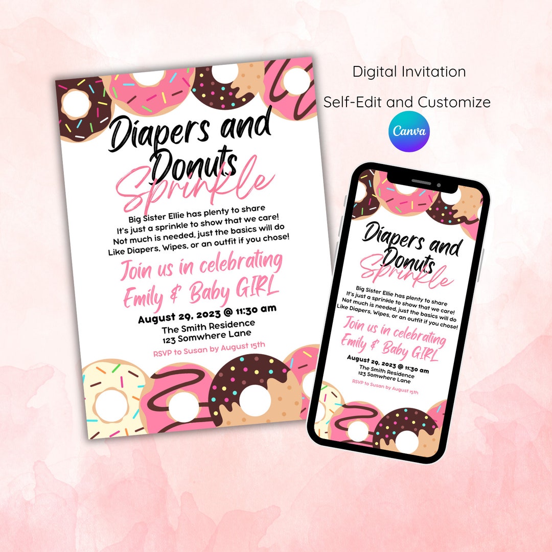 Diapers and Donuts Sprinkle Invitation | Editable Template | Canva ...