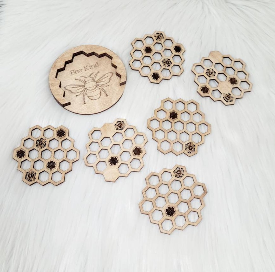 Bee Coasters, Honey Bee Coasters, Honeycomb Bee, Coaster Set, Wooden ...