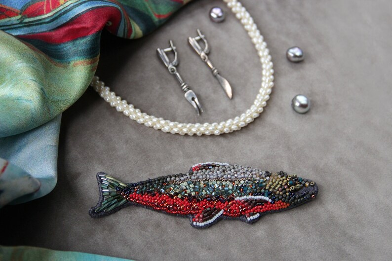 Salmon patch Sew on beaded patch Fish patch Hand | Etsy