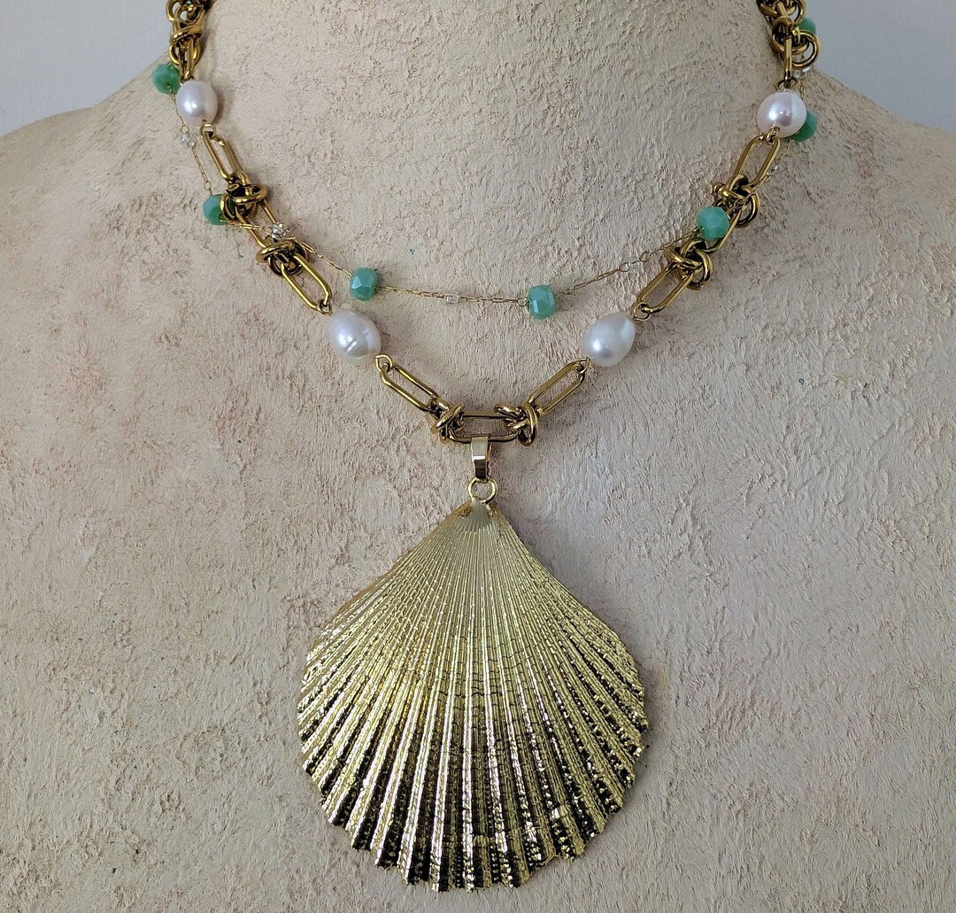 Oversized Sea Shell Pendant Necklace, Turquoise and Pearl Clam Necklace ...