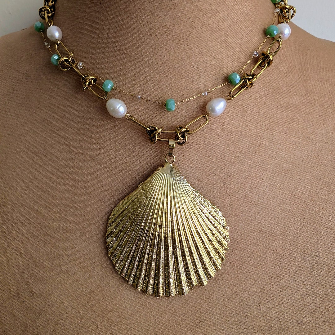 Oversized Sea Shell Pendant Necklace, Turquoise and Pearl Stacked ...