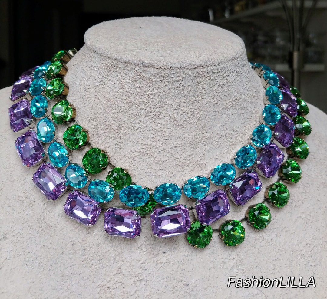 Chunky Peridot Ana Wintour Style Layering Necklace, Violet Austrian ...