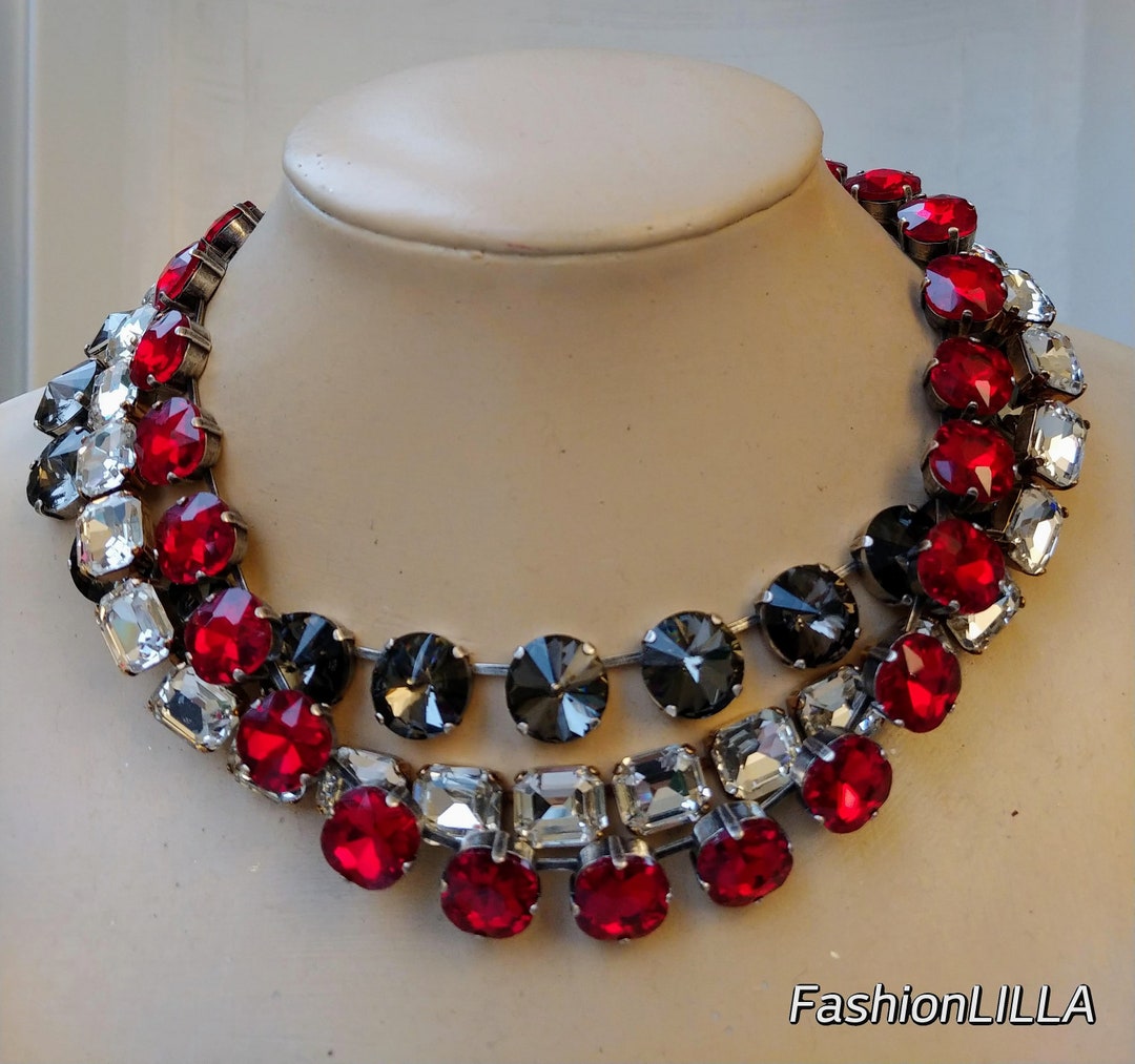 Anna Wintour Necklace, Siam Ruby Red Cushion Cut Square Crystal ...