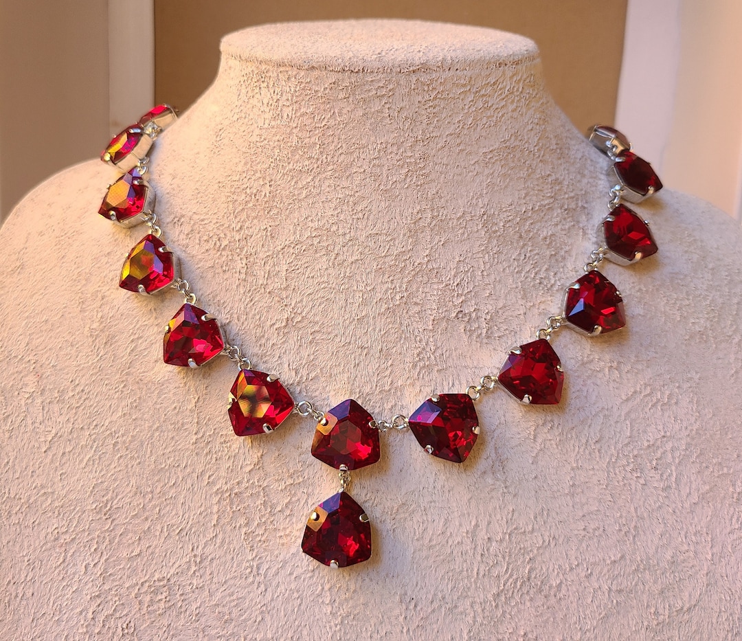 Siam Ruby Red Trilliant Necklace in Rhodium Silver, Austrian Crystal ...