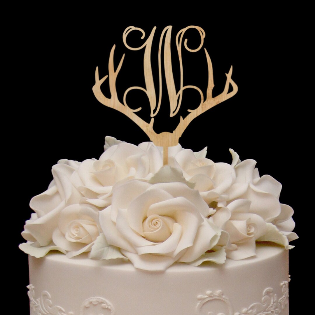 Wooden Antler Cake Topper - Initial Cake Topper - Monogram Cake Topper ...