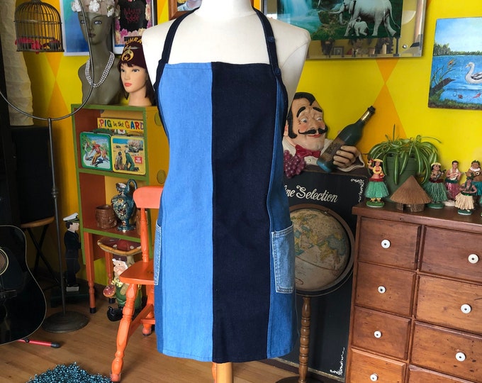 Blue Denim Full Apron Jean Panels Chambray Pockets Adjustable Size ...