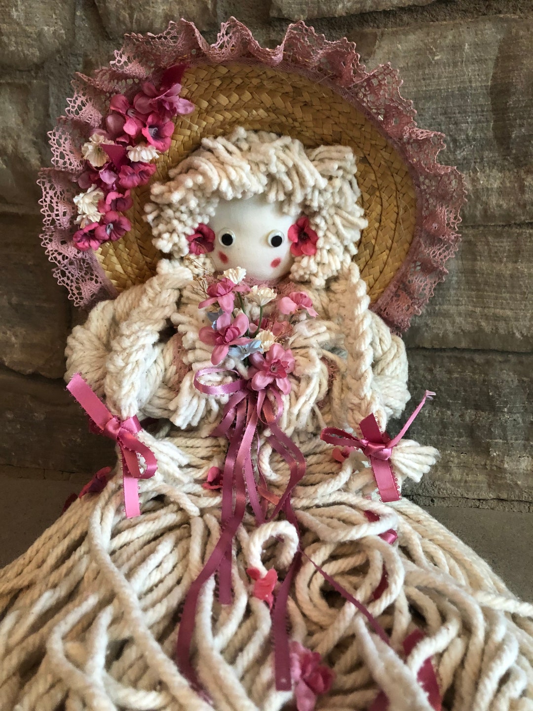 Vintage Pink Mop Doll Handmade Large Mop Doll With Braids, Pink Flowers ...