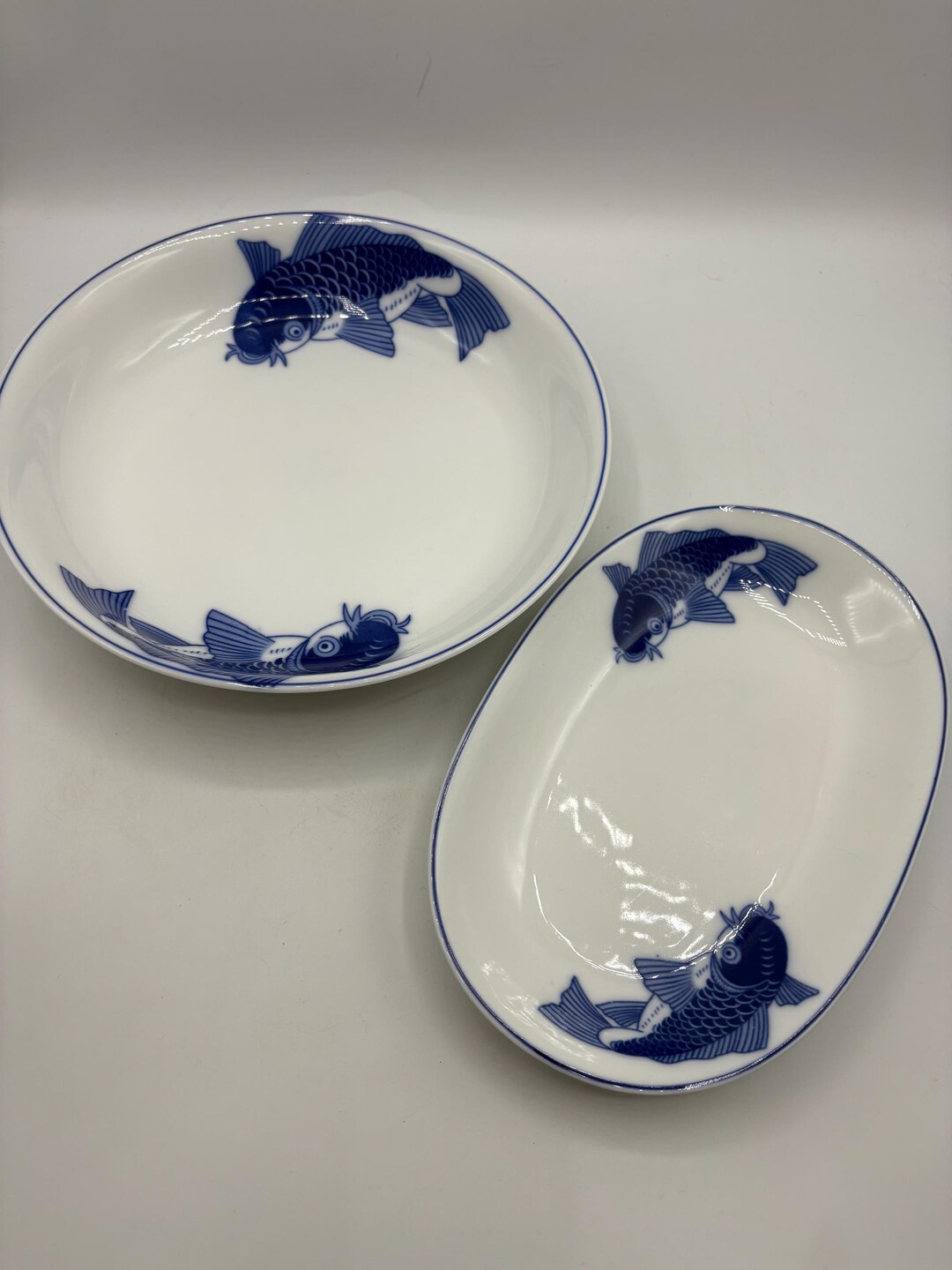 Pair of Blue Carp Koi Fish Dishes Large Serving Bowl and Small Oval ...