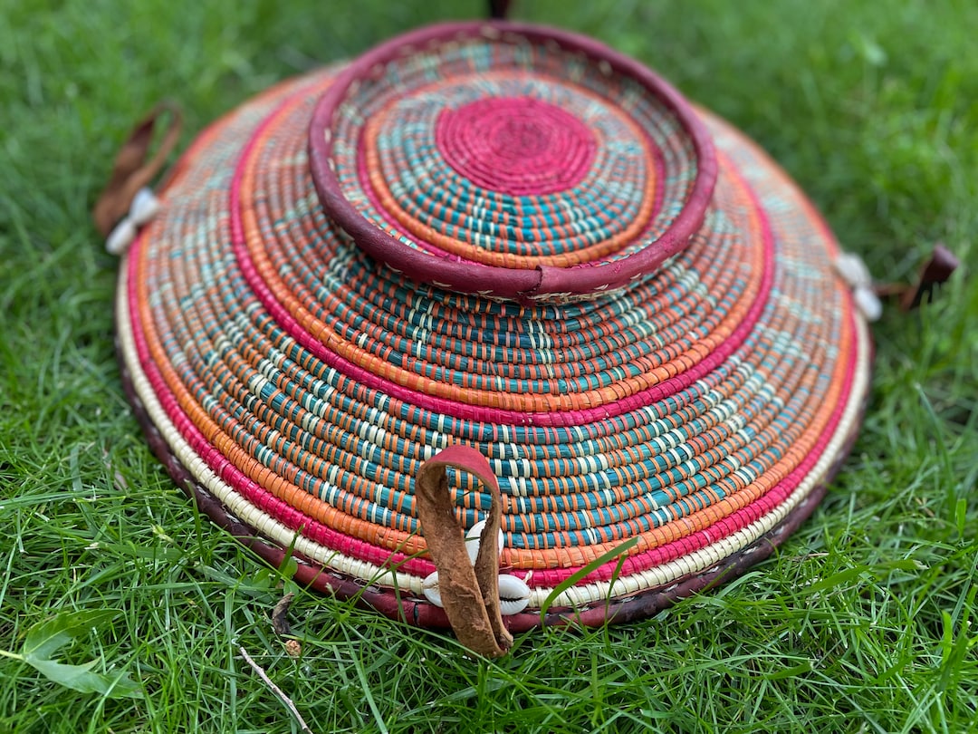 African Coiled Grass Woven Basket Shells Leather Coil Rustic Natural ...