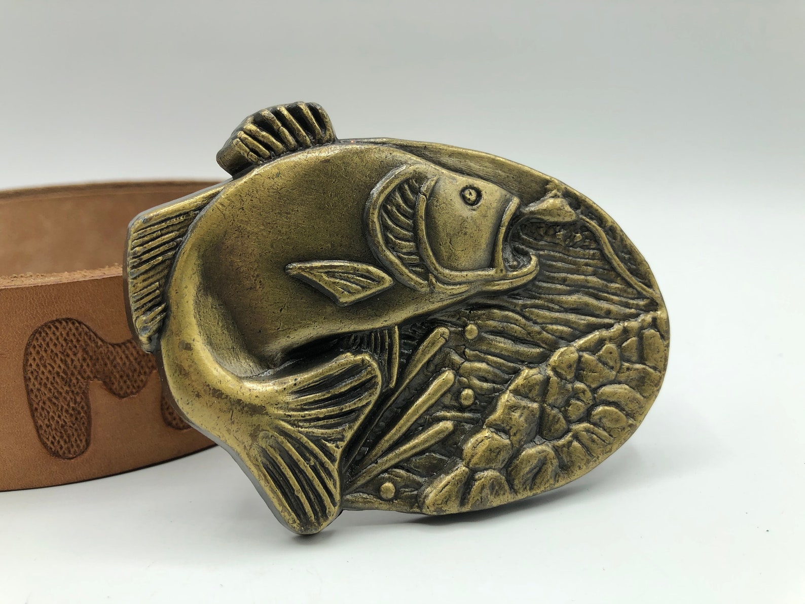 Bronze Fish Belt Buckle Hand Tooled Leather Jim Belt Heavy | Etsy