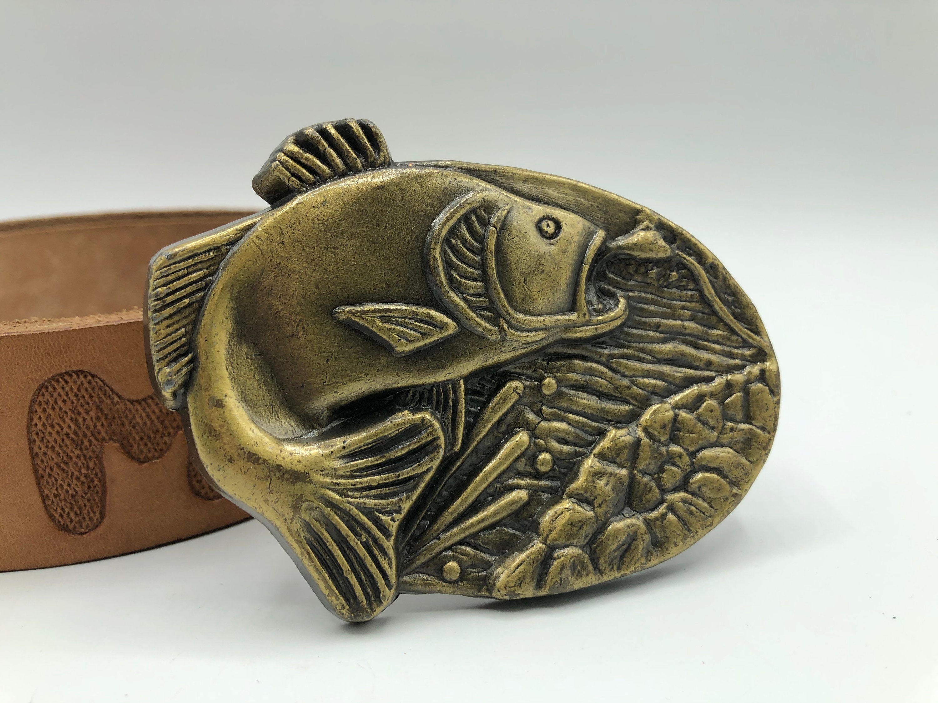 Bronze Fish Belt Buckle Hand Tooled Leather Jim Belt Heavy | Etsy