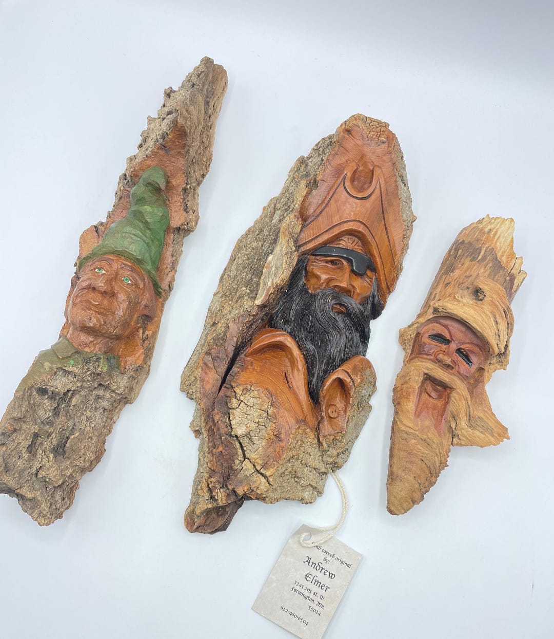 Set of 3 Hand Carved Tree Spirits Wooden Carvings Enchanted Forest ...