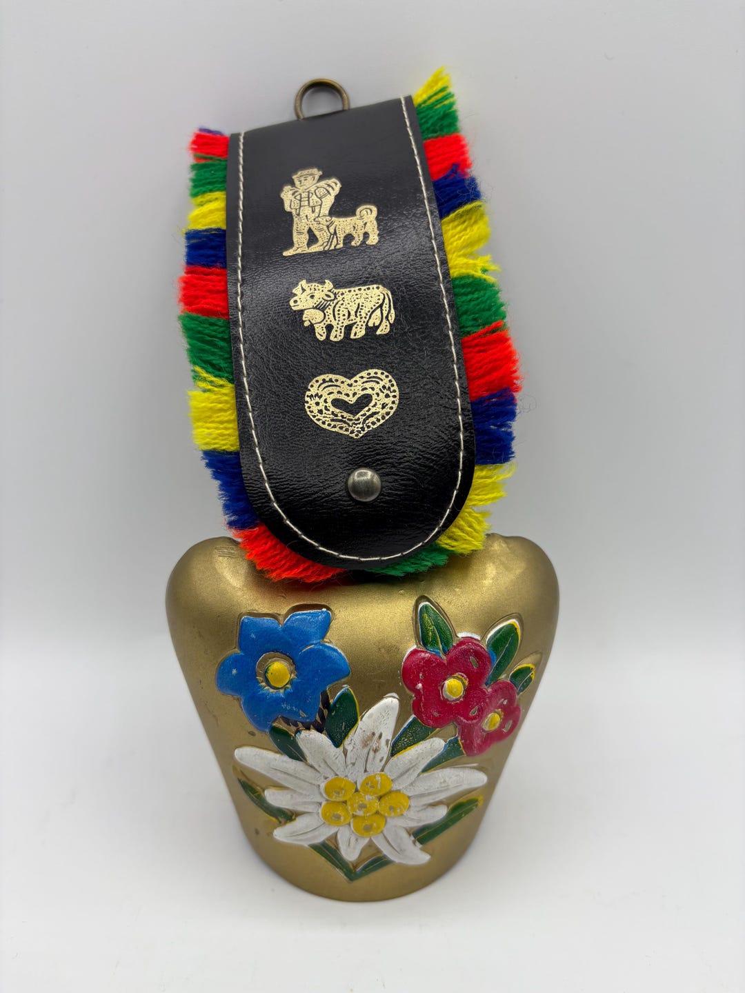 Swiss Cow Goat Bell Vintage Switzerland Gold Cowbell Colorful Strap ...