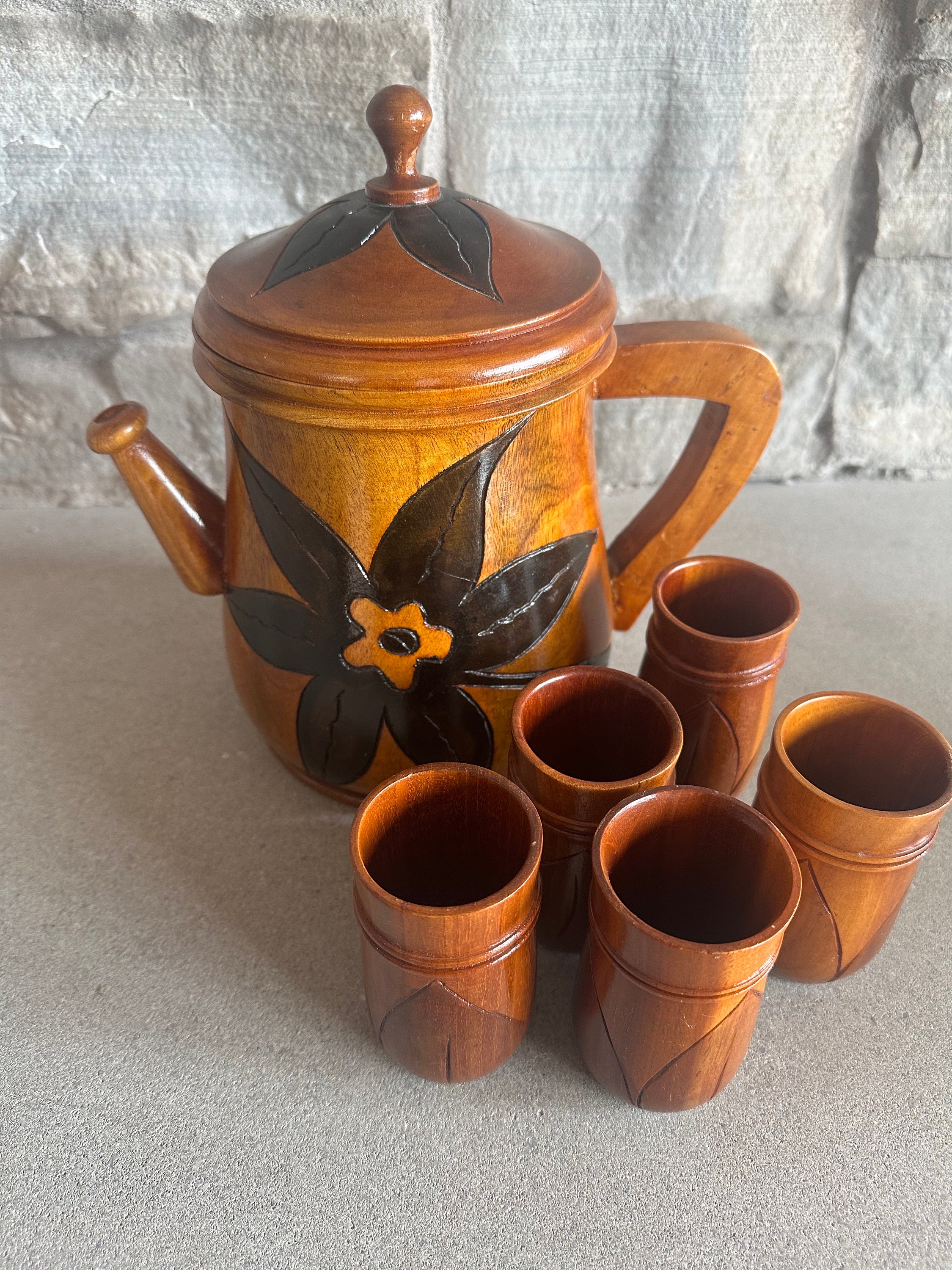 Vintage Hand Carved Polynesian Tiki Pitcher With Cups, Hawaiian Tiki ...