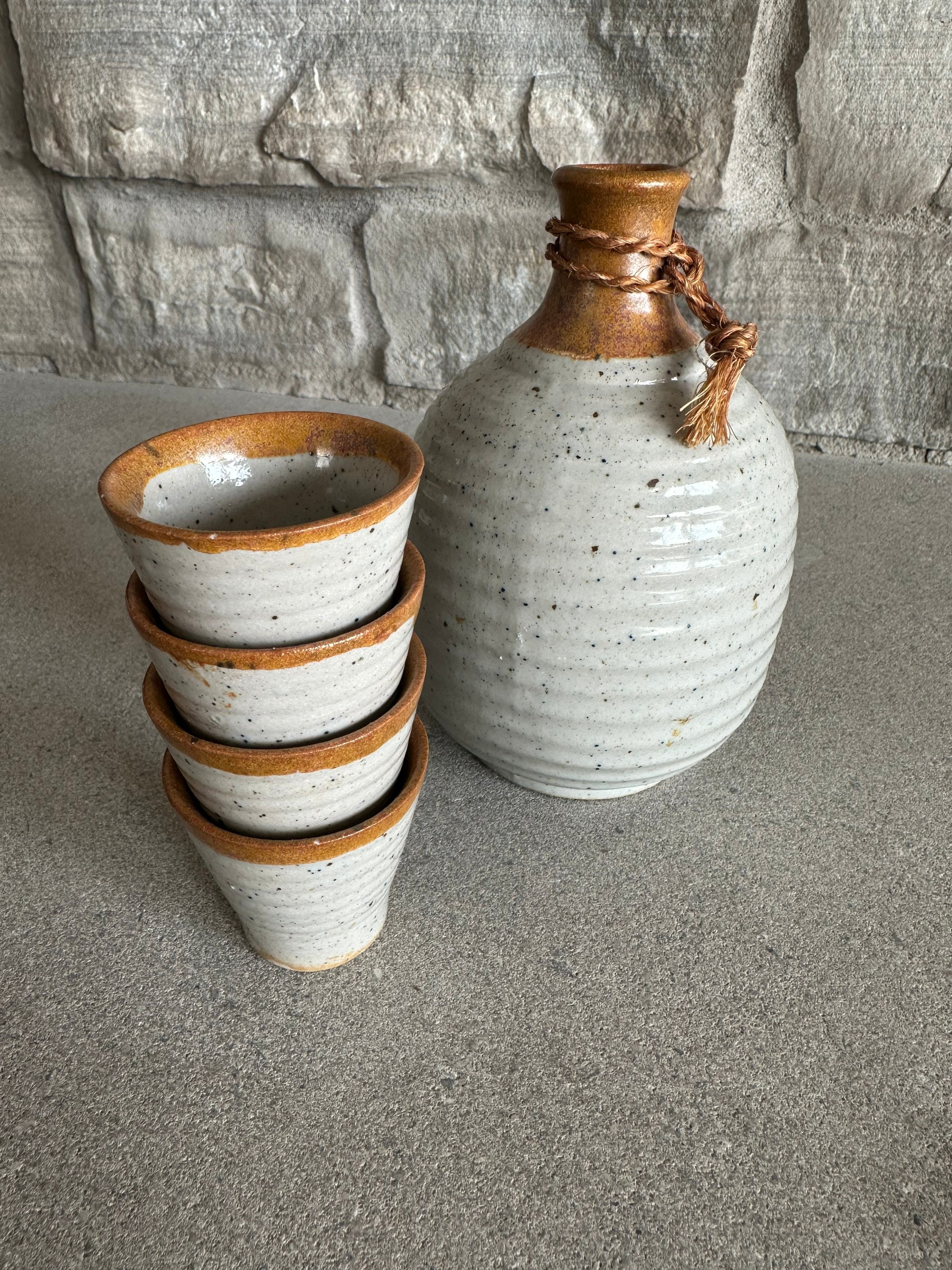 Vintage Beige Brown Sake Set 4 Cups and Decanter Ceramic Carafe Sake ...