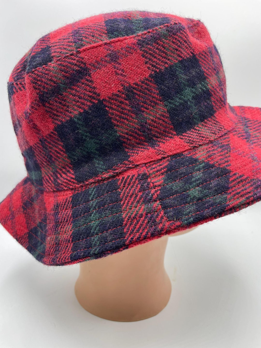 Vintage Red Plaid Wool Bucket Hat Retro Scottish Plaid Cap Red Green ...