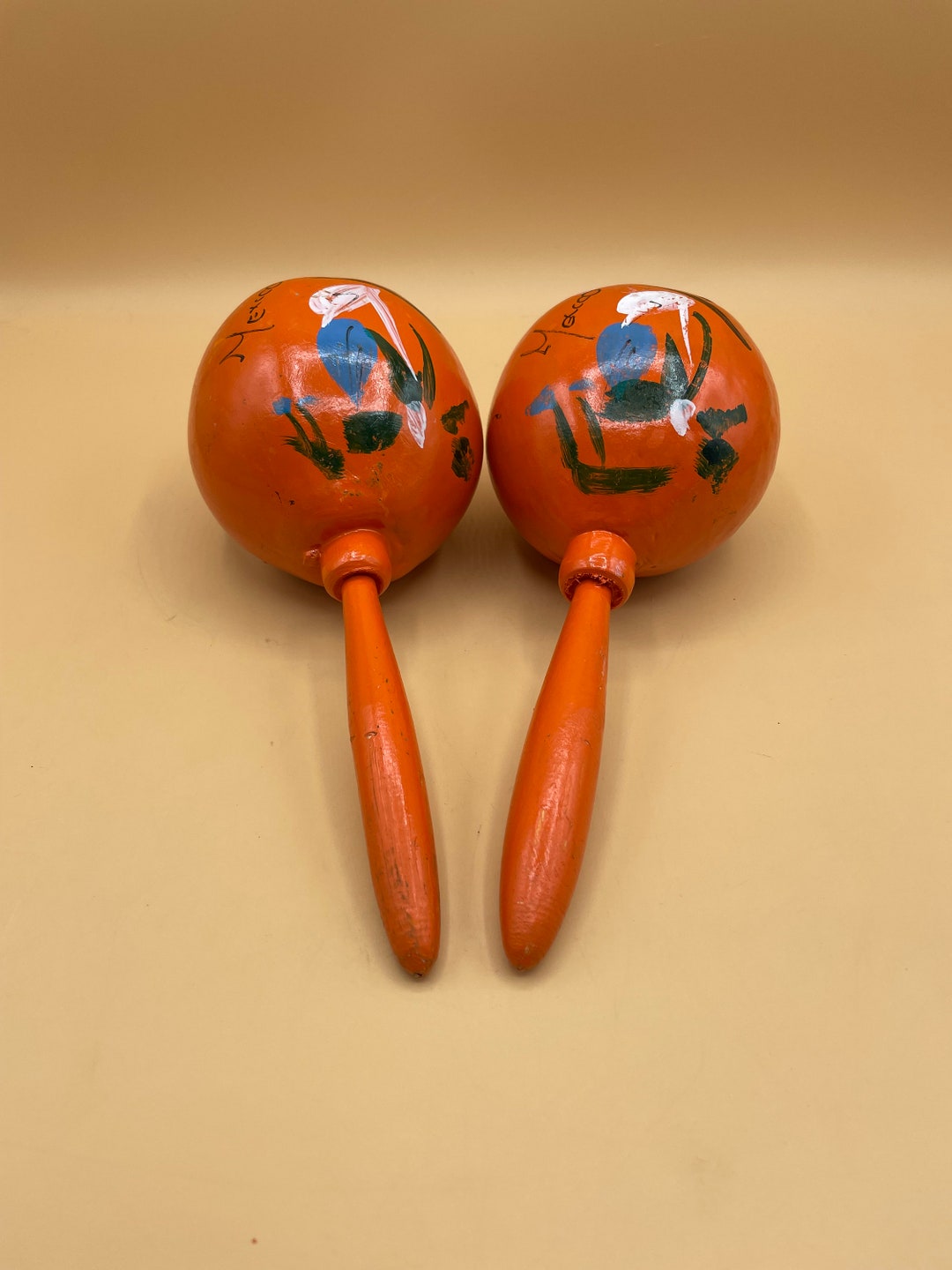 Pair of Vintage Mexican Maracas Hand Painted Orange Gourd Coconut ...