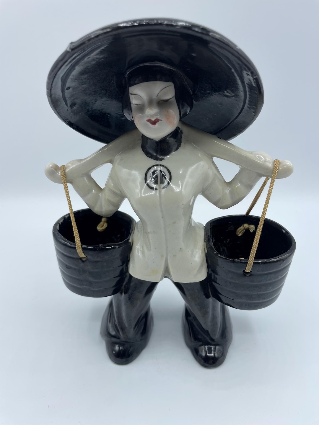 Vintage Asian Girl Figurine Planter Ceramic Japan Woman Carrying Water ...