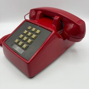 Vintage Bright Red Corded Desk Phone Retro Push Button Touch Tone ...