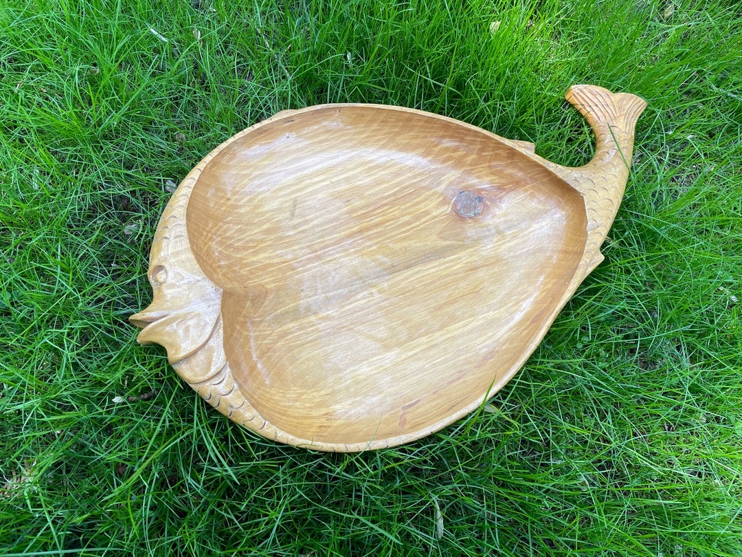 Vintage Carved Wood Fish Platter Hand Carved Large Wooden Fish Bowl ...