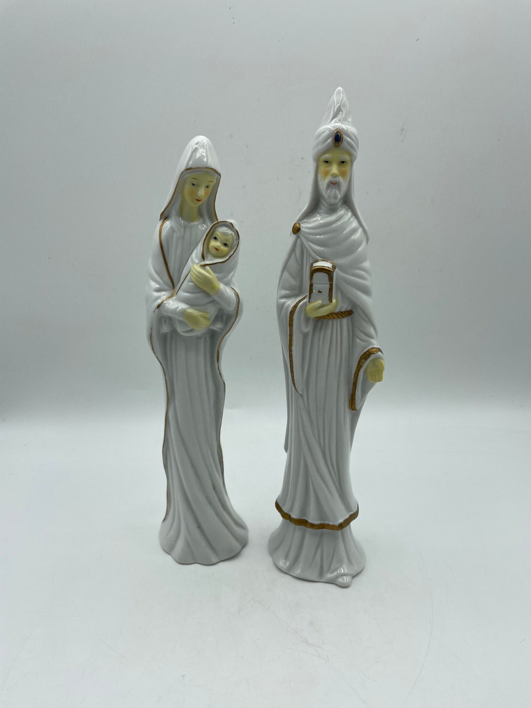 Tall White Gold Porcelain Nativity Dramatic Ceramic 2 Figurines ...