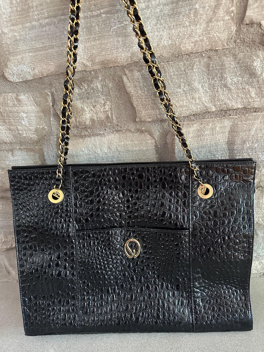 St John Black Croc Patent Leather Tote Handbag With Gold Chain Handles ...