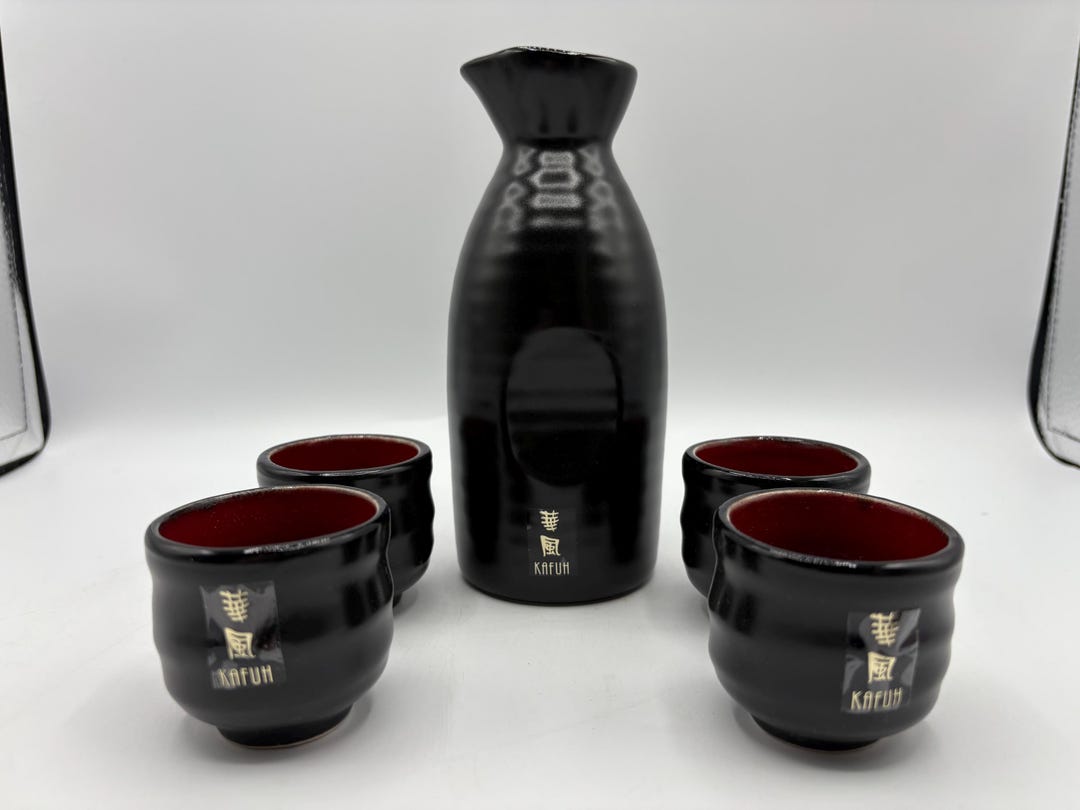 Vintage Kafuh Black Red Glazed Sake Set Decanter 4 Sake Cups Ceramic ...