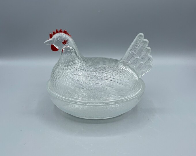 Clear Glass Chicken on Basket Hen on Nest Red Comb Covered Dish Vintage ...